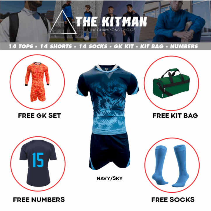 Mitzuma Morocco Full 14-Player Soccer Kit For Sale | Navy Blue & Sky ...